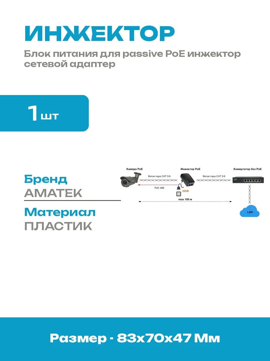 Инжектор питания для видеонаблюдения PoE пассивный адаптер