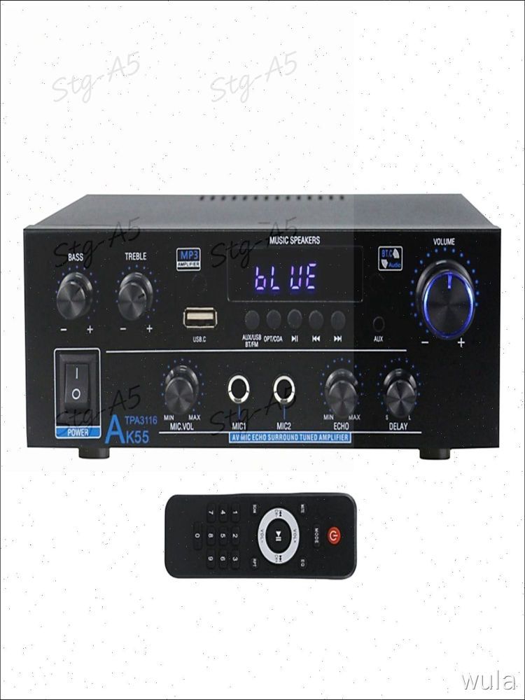 Домашний усилитель мощности AK55 900 Вт 2.0 Bluetooth USB TPA3116 для дома с пультом и синей подсветкой