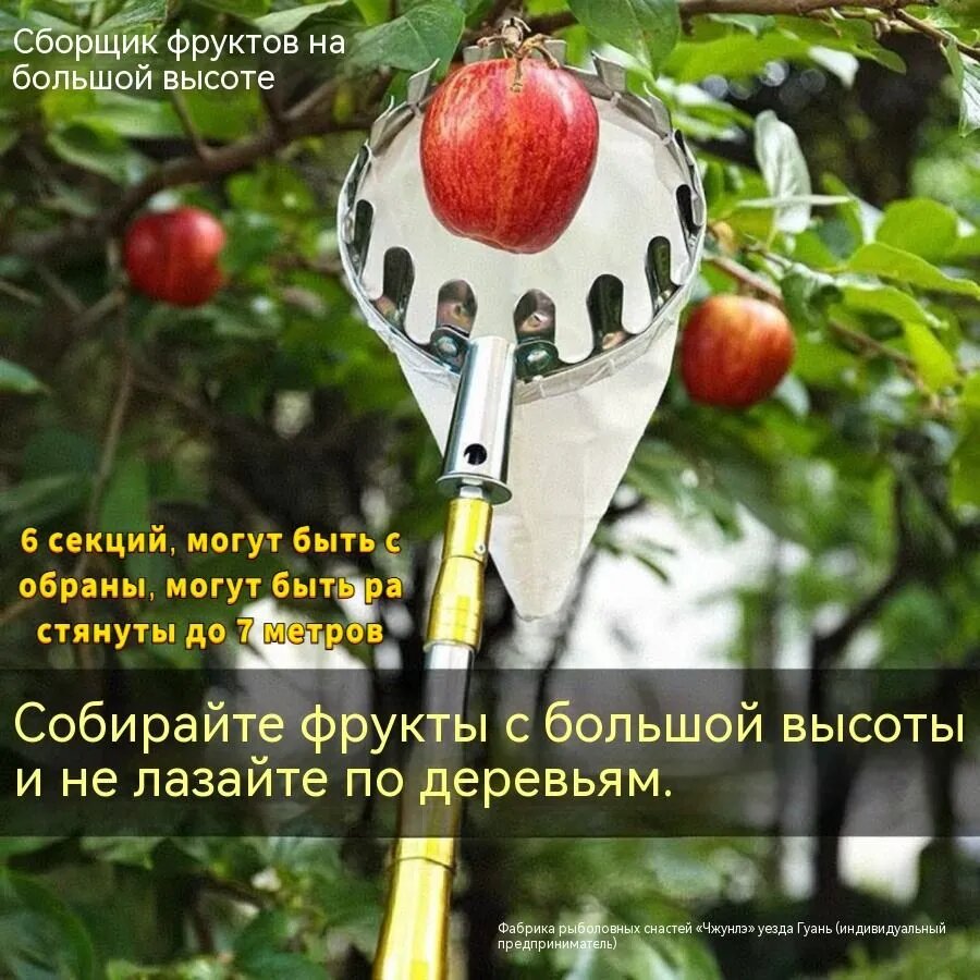Плодосборник для сбора фруктов на большой высоте, 60х2х40см, телескопическая ручка, нержавеющая сталь