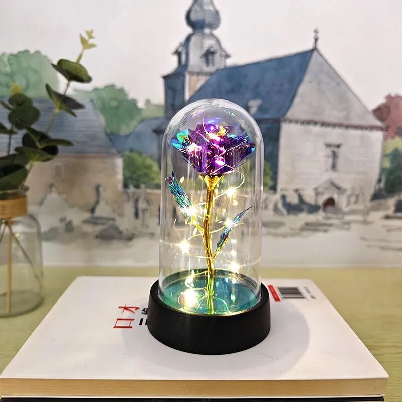 MAPLE MANS Настольная лампа-ночник в виде розы под стеклянным куполом с LED-подсветкой, фиолетовая