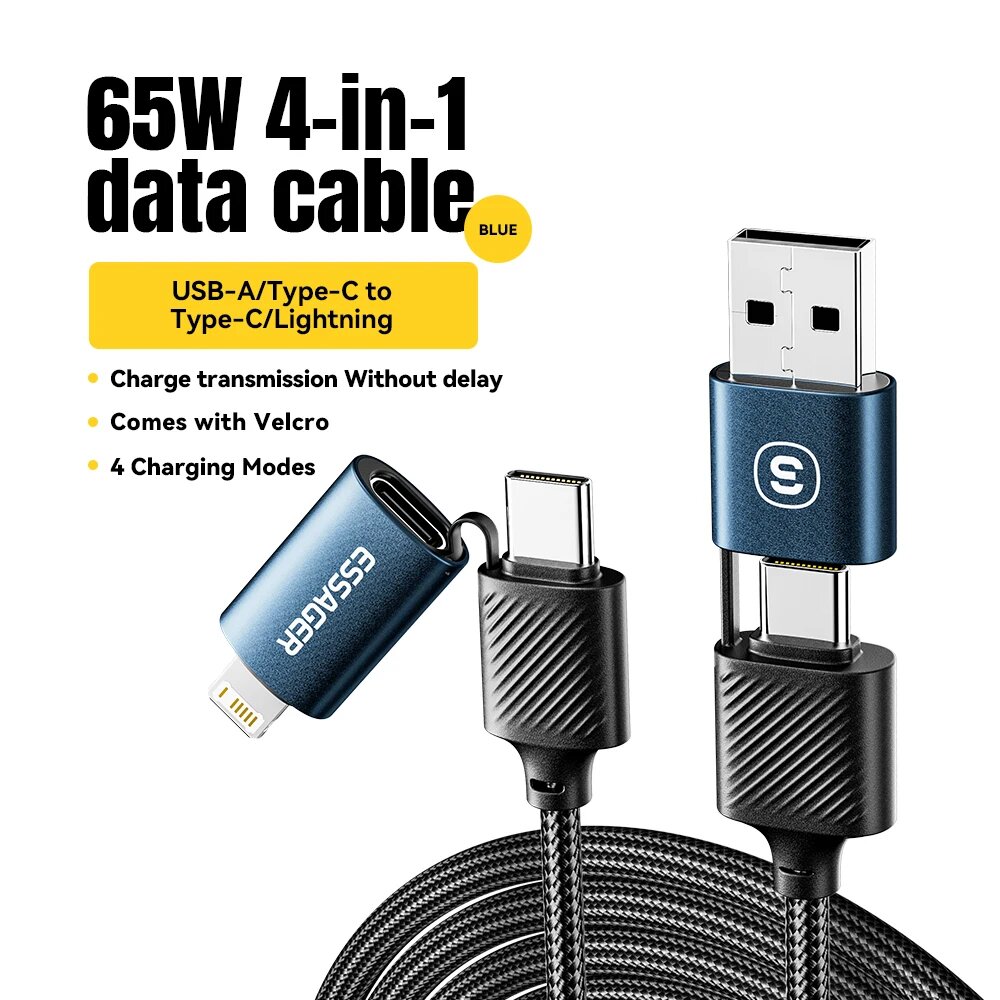 Essager 4 в 1 USB-кабель типа C 65 Вт PD Провод для быстрой зарядки типа C к 1M, 65W 4 in 1 blue