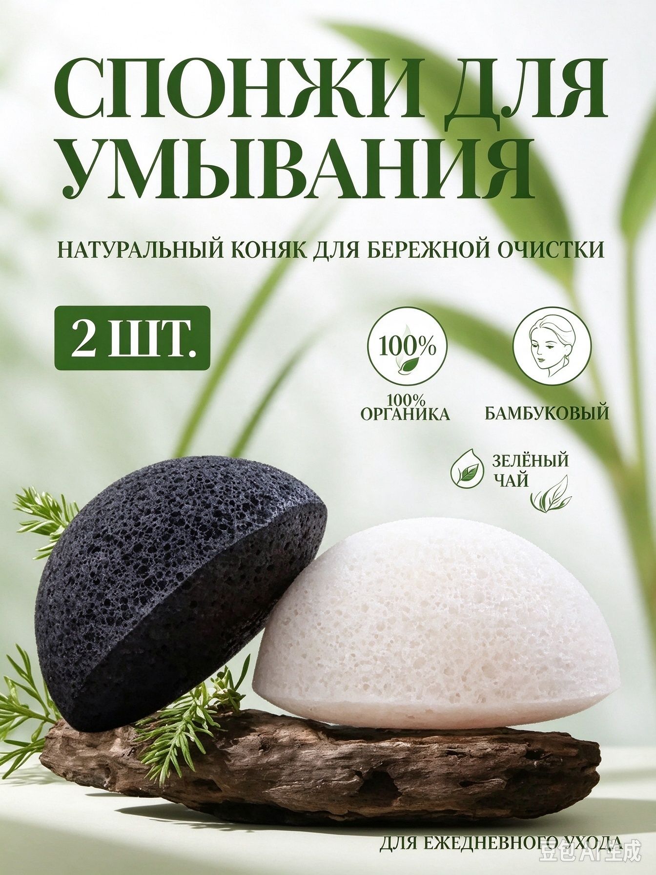 Конжаковый спонж для умывания круглый с бамбуковым углем и экстрактом зеленого чая, натуральный, 2 шт.