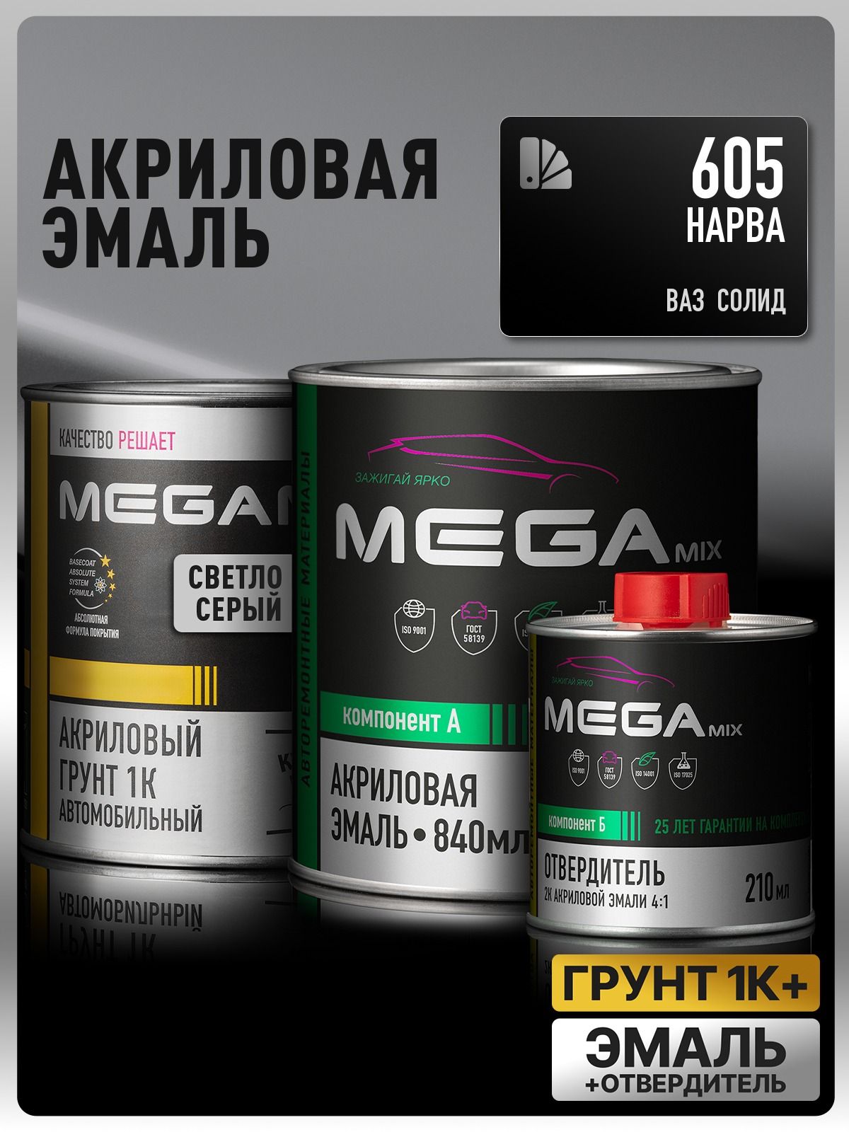 Комплект Акриловая краска автомобильная 2К , Нарва 605, 840мл + Отвердитель 2K 210 мл + Грунт акриловый 1К , светло-серый, 800 г