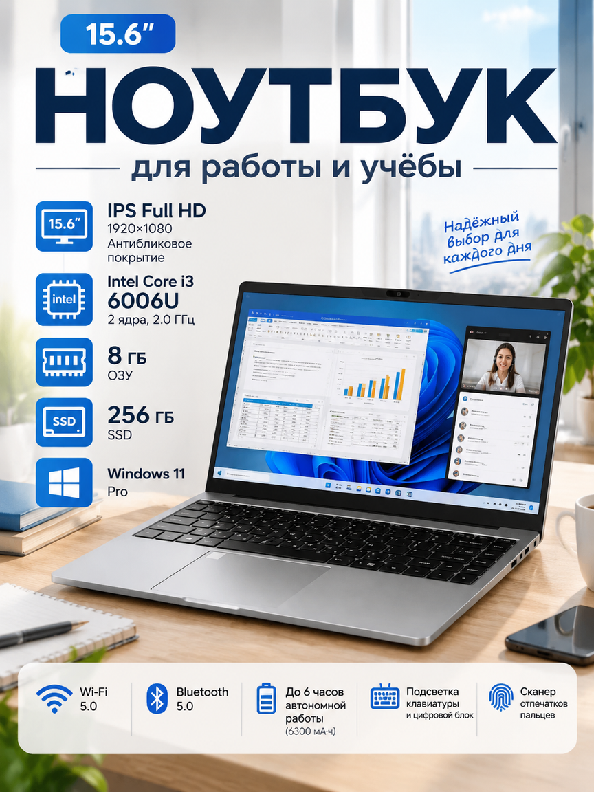 Ноутбук 15.6 дюйма, Intel Core i3-6006U, 8/256 ГБ SSD, IPS Full HD, Windows 11 Pro, для учёбы