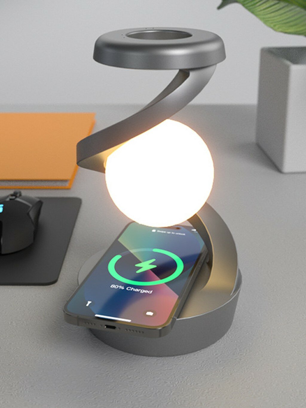 Ночник настольный спиральный с LED шаром, RGB, управление жестами, серый, беспроводная зарядка телефона