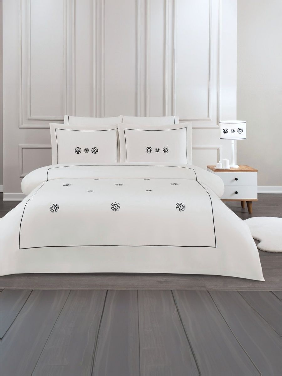 Постельное белье Tivolyo Home LOTUS Nakisli кремовый-синий евро
