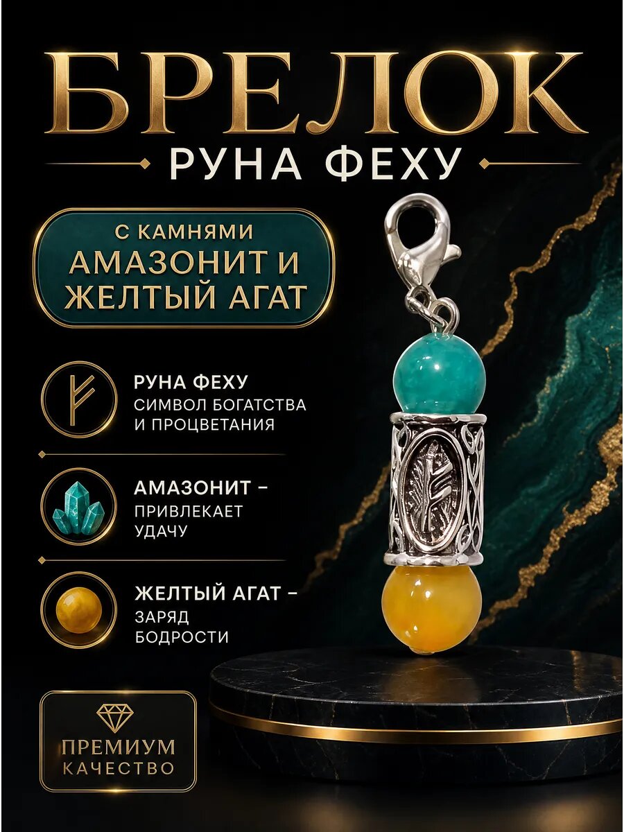 Брелок руна феху с камнями амазонит и желтый агат