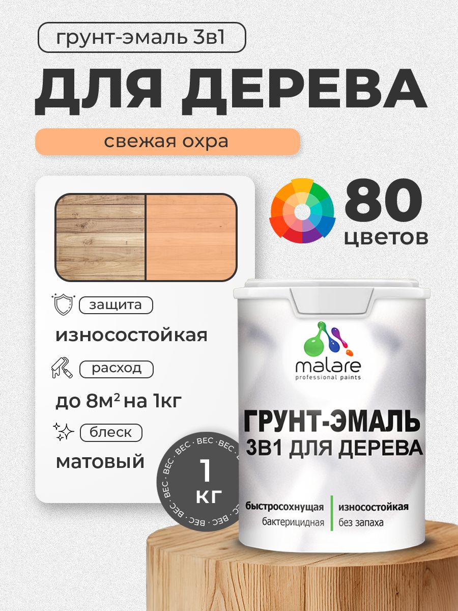 Акриловая Грунт-Эмаль 3 в 1 Malare для деревянных поверхностей/ краска по дереву с антисептическим эффектом/ быстросохнущая моющаяся без запаха матовая, свежая охра, 1 кг