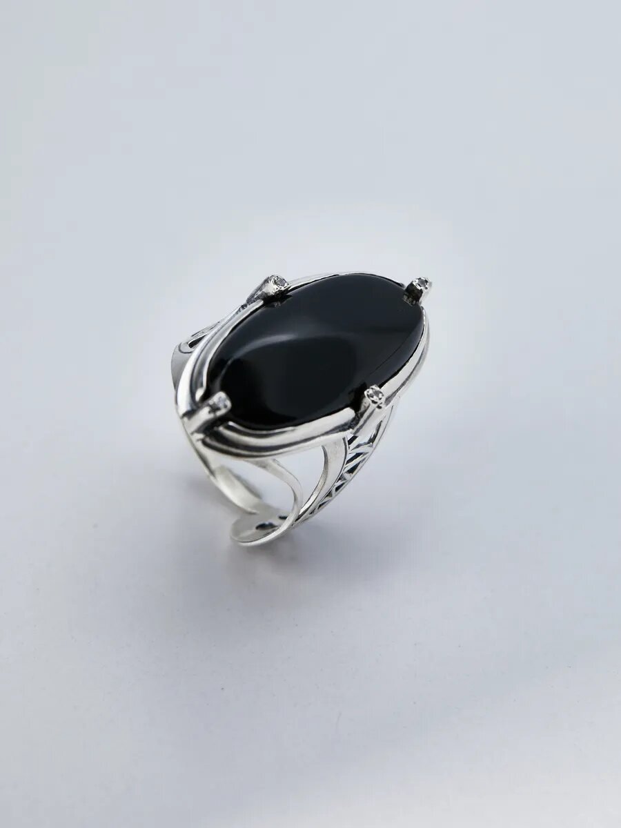 Кольцо БРЮС, серебро, 925 проба, фианит, обсидиан