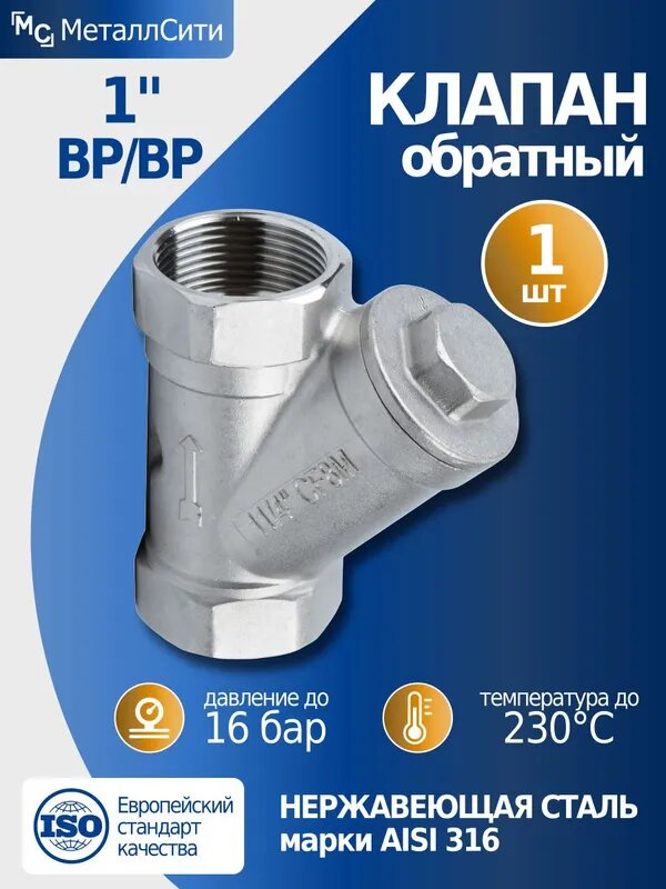 Характеристики: Обратный клапан Y-образный 1 дюйм с внутренней резьбой, из нержавеющей стали AISI 316, с косой врезкой