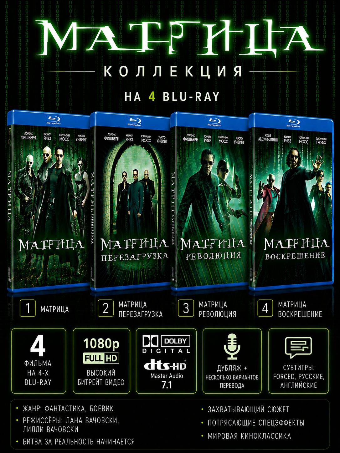 Матрица / Matrix. Полная коллекция на 4-х Blu-ray. (США, 1999 - 2021). Дубляж, MVO, English, все субтитры