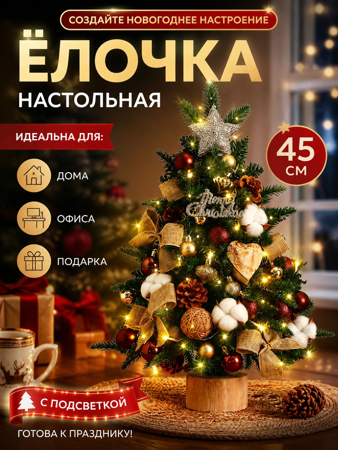 Елка искусственная 45 см пвх+флок оптоволокно, заснеженная настольная
