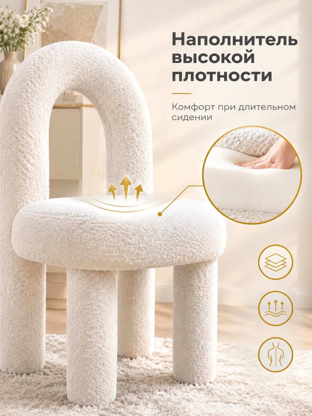 Табурет-кресло для макияжа из искусственной овчины с металлическим каркасом, цвет бежевый — фото 1