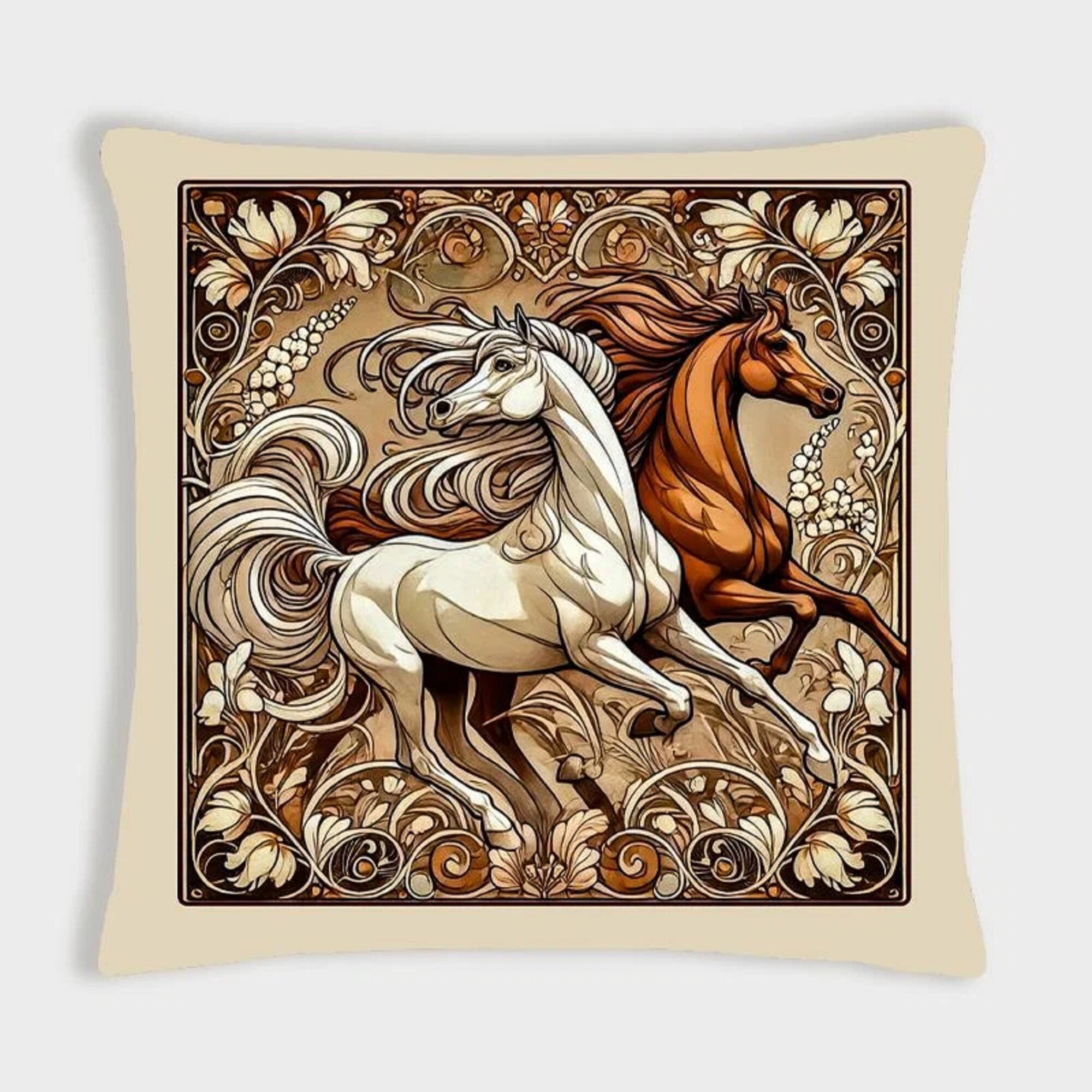 Подушка декоративная Две лошади белая и коричневая 40х40 велюр подарок, новый год, рождество