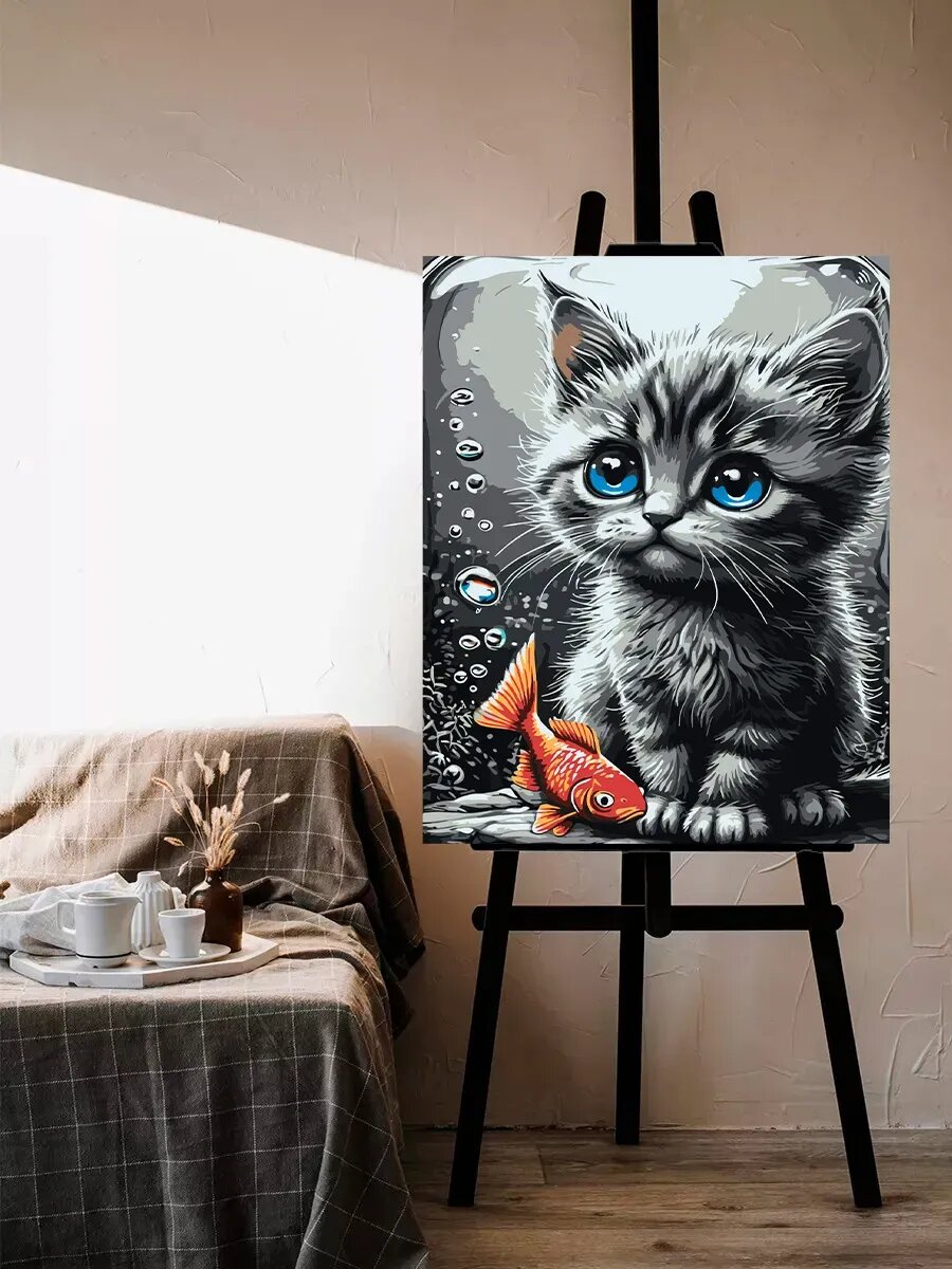 Картина по номерам Милый Котик с Золотой Рыбкой Животное
