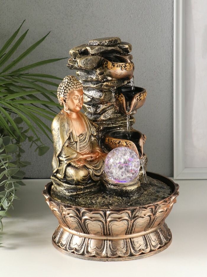 Фонтан настольный комнатный Водопад Будда у скалы с чашами