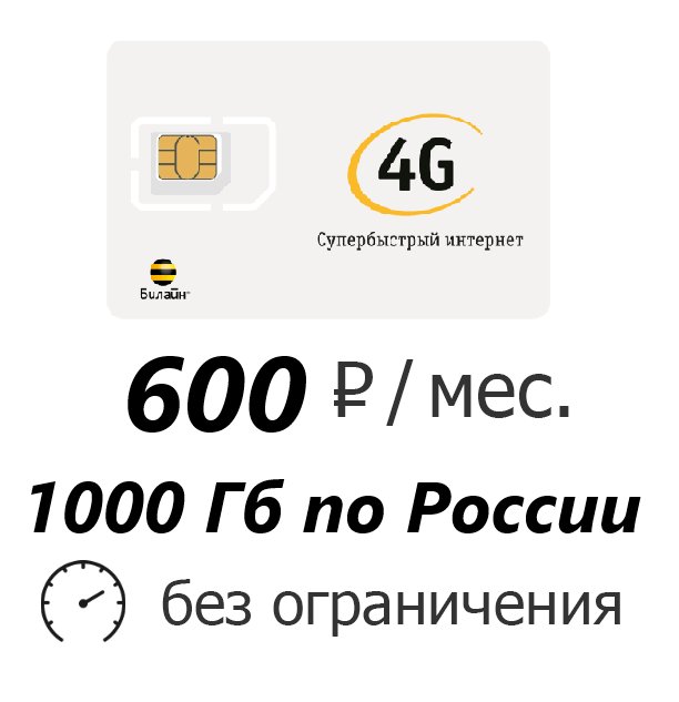 Симкарта Билайн для интернета по России 1000 Гб 600 рублей в месяц