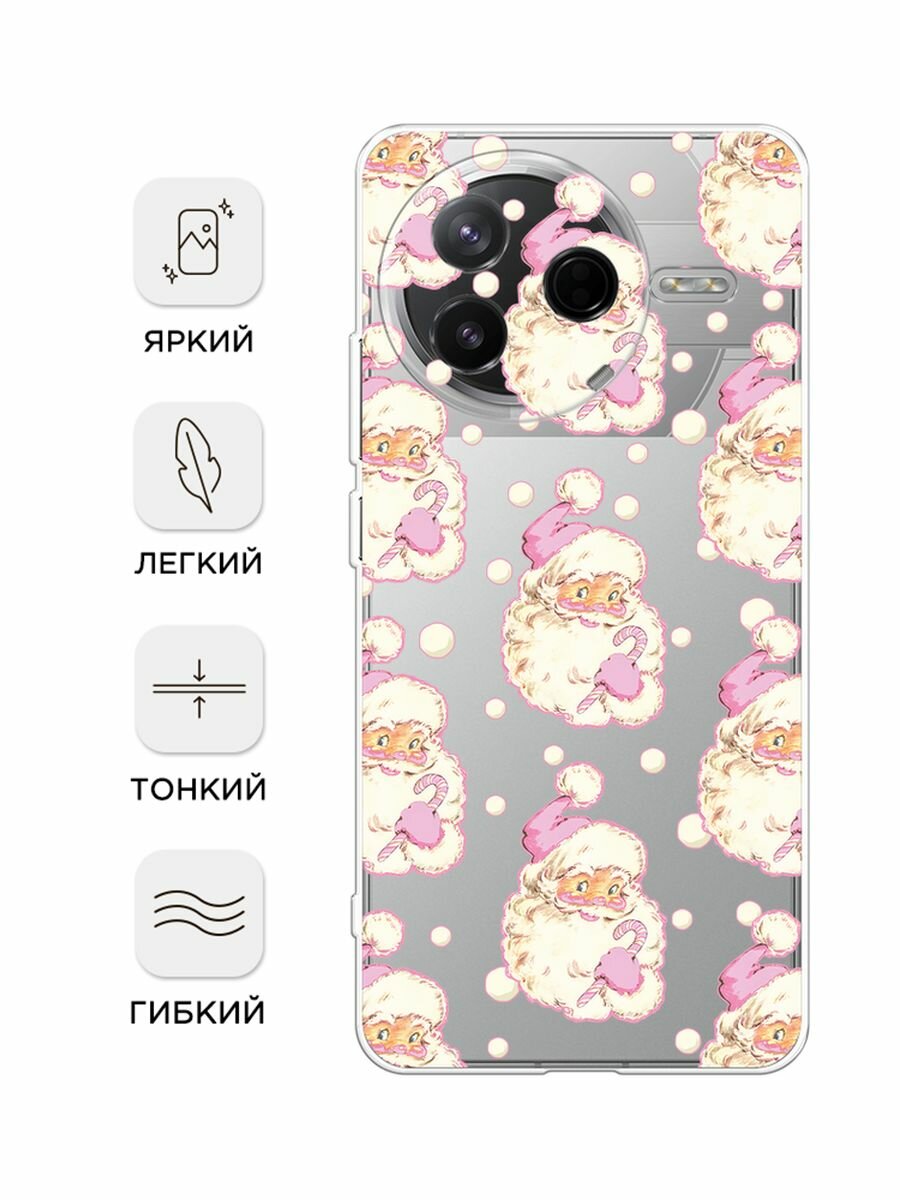Чехол на Poco F7 Pro / Поко F7 Про с принтом Санты розовый паттерн 2, прозрачный — фото 1