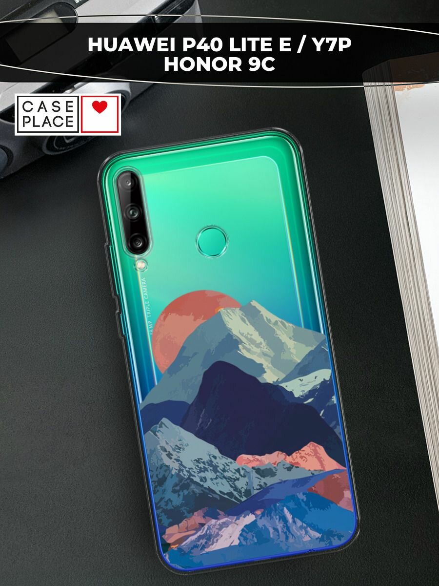 Чехол на Huawei P40 Lite E/Y7p/Honor 9C / Хуавей P40 Lite E/Y7p/Хонор 9C с принтом "Закат в снежных горах", прозрачный
