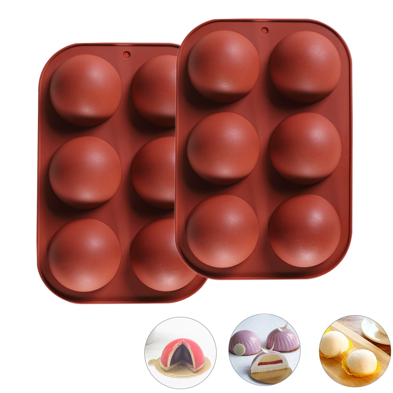 2PCS силиконовая выпечка полушариковая 6 отверстий круглая форма не прилипающая форма для выпечки DIY торт кексы, шоколадный торт желе купол мусс пудинг, коричневый цвет, размер 19.5*13.2см, диаметр полушарика 5.2см, температура -40℃~230℃