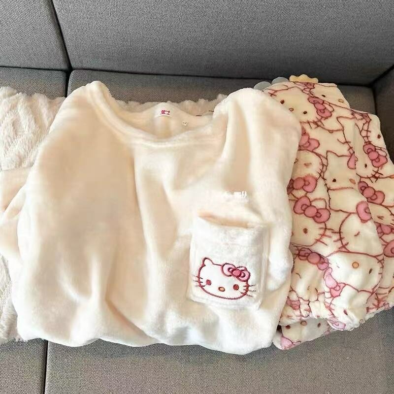 Пижама с изображением японского мультфильма Hello Kitty, женская, фланелевая, зимняя, новая, утолщенная, бархатная, милая и милая домашняя одежда, weight,52.5-60kg