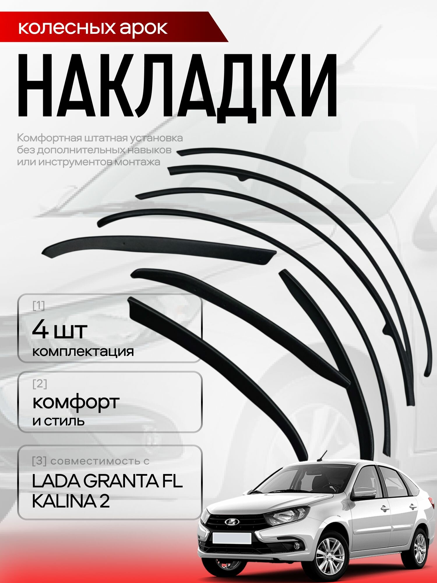 Защитные накладки на кромки арок для Лада Гранта FL, Калина 2, Гранта