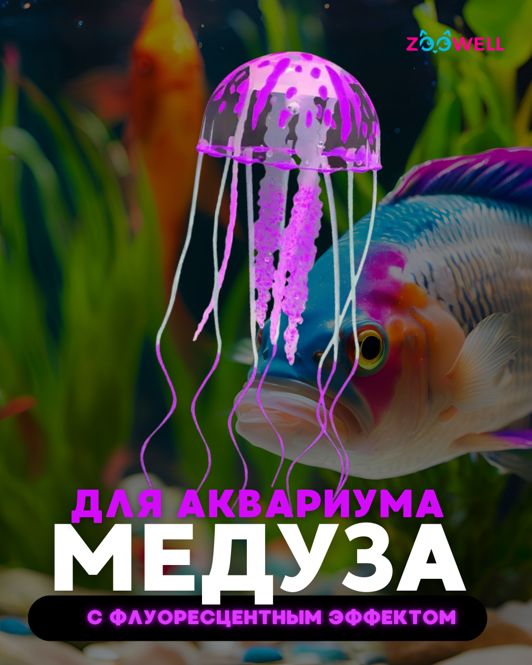 Декор для аквариума флуоресцентный Neon Light (Медуза светящаяся), цвет фиолетовый