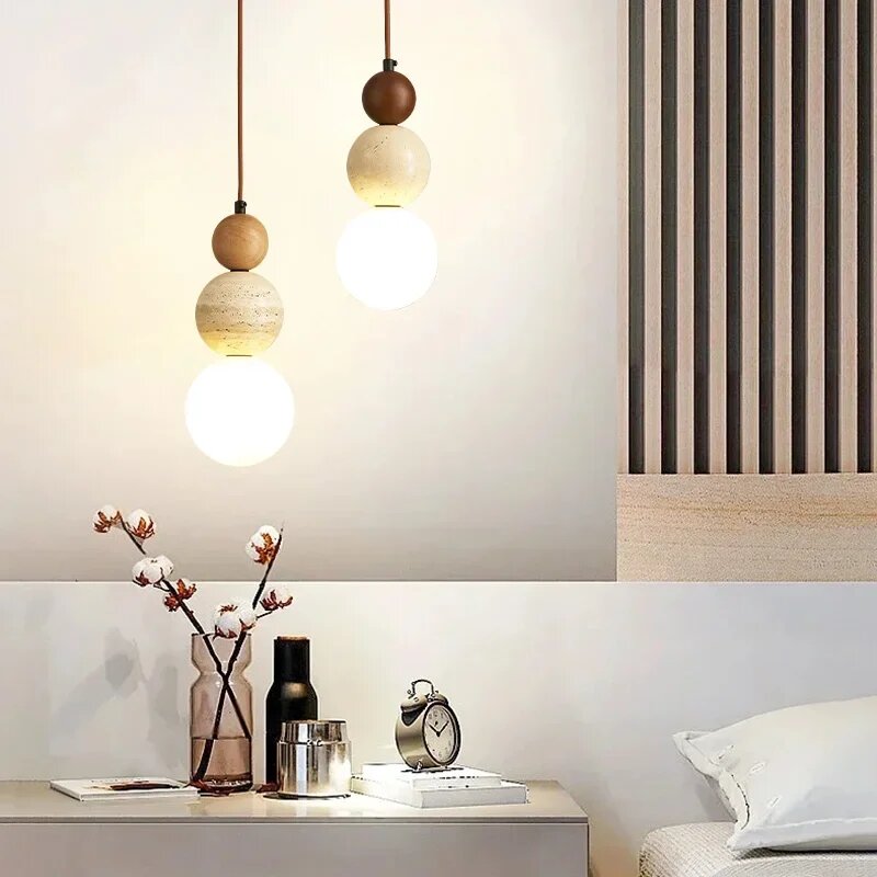 Подвесной светильник дерево и камень, кремовый, Walnut color, LED