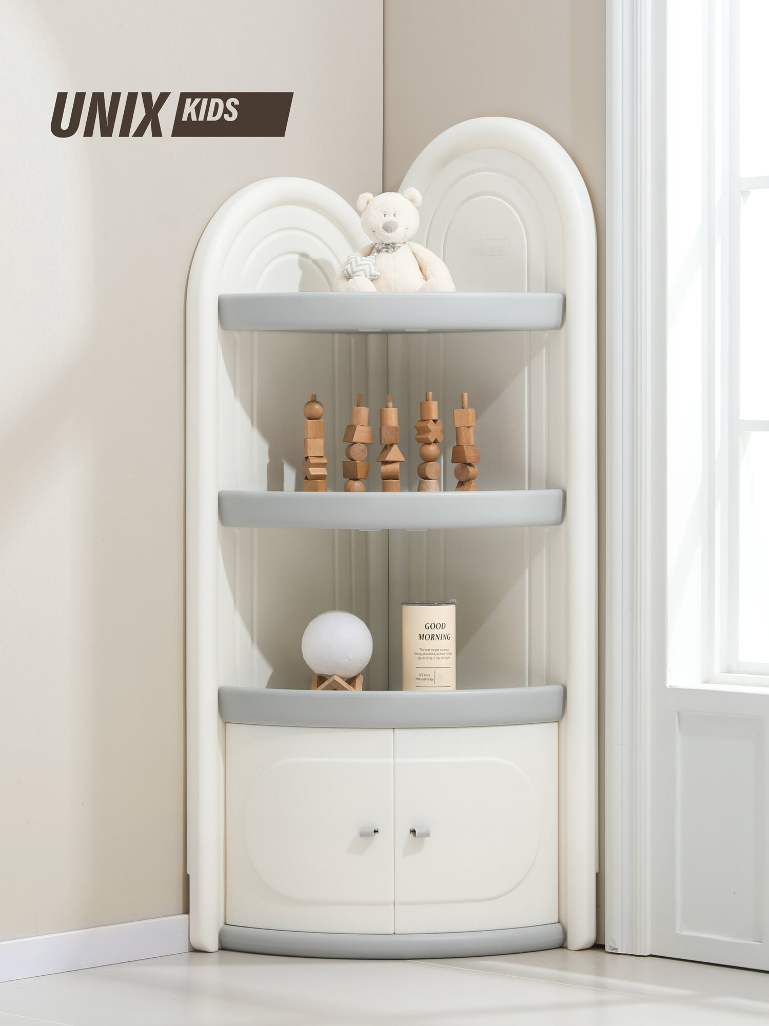 Угловой детский стеллаж напольный для игрушек и книг UNIX Kids пластиковый 44,5 х 39 х 138 см