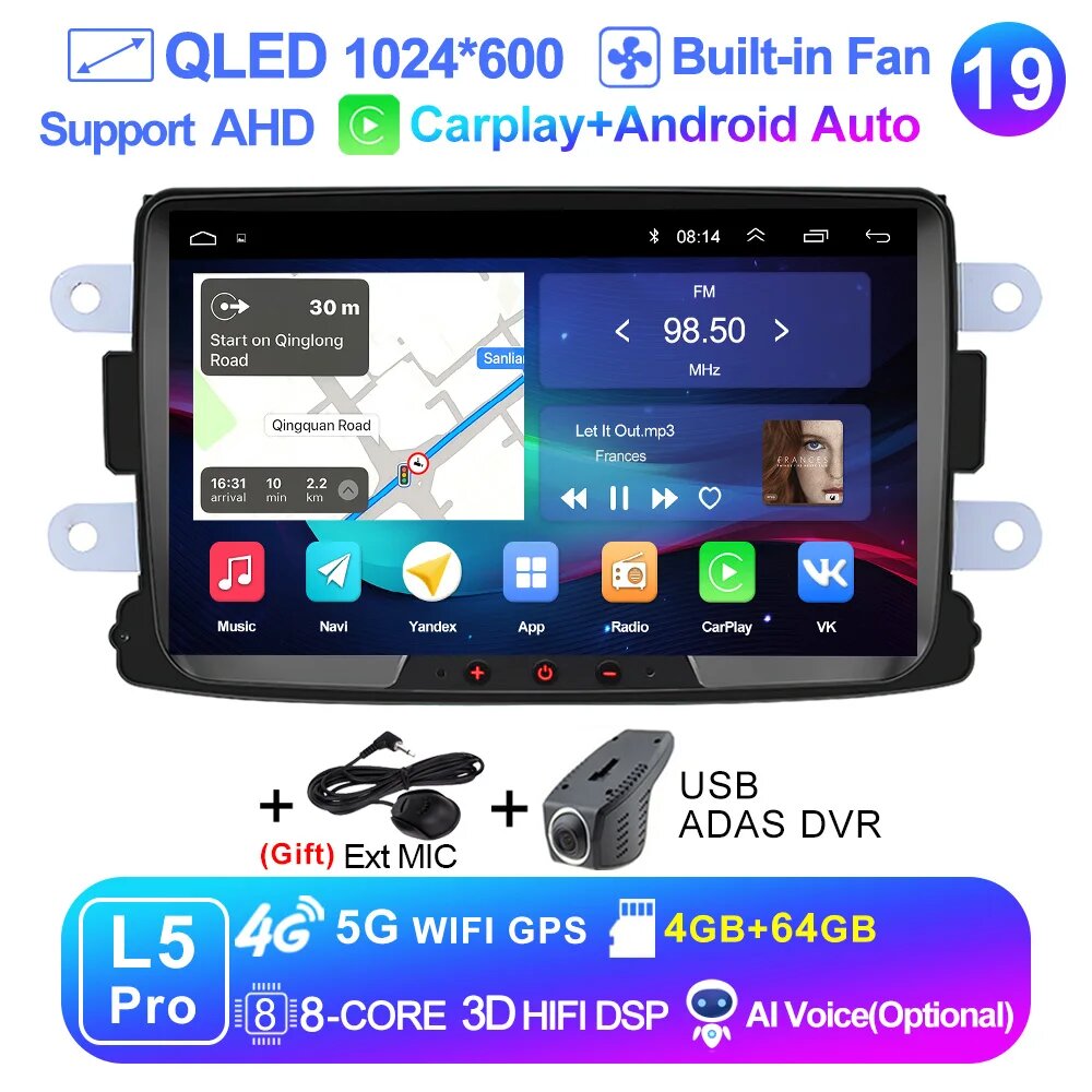 Автомагнитола LEHX 2 Din Android gps для Dacia Sandero Duster Renault Captur Lada Xray 2 Logan 2 мультимедийный плеер dvd Carplay L5 Pro(4-64GB)DVR