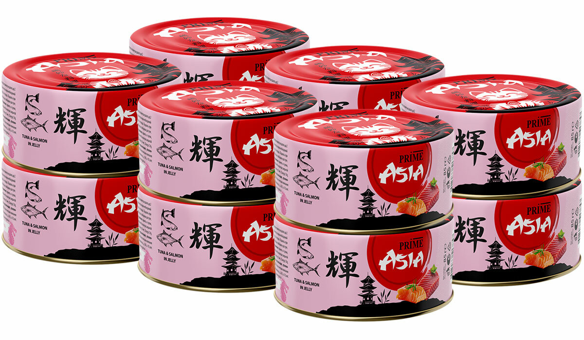 Корм влажный Prime Asia Tuna & Salmon для кошек, тунец и лосось в желе, 85 г х 12 шт