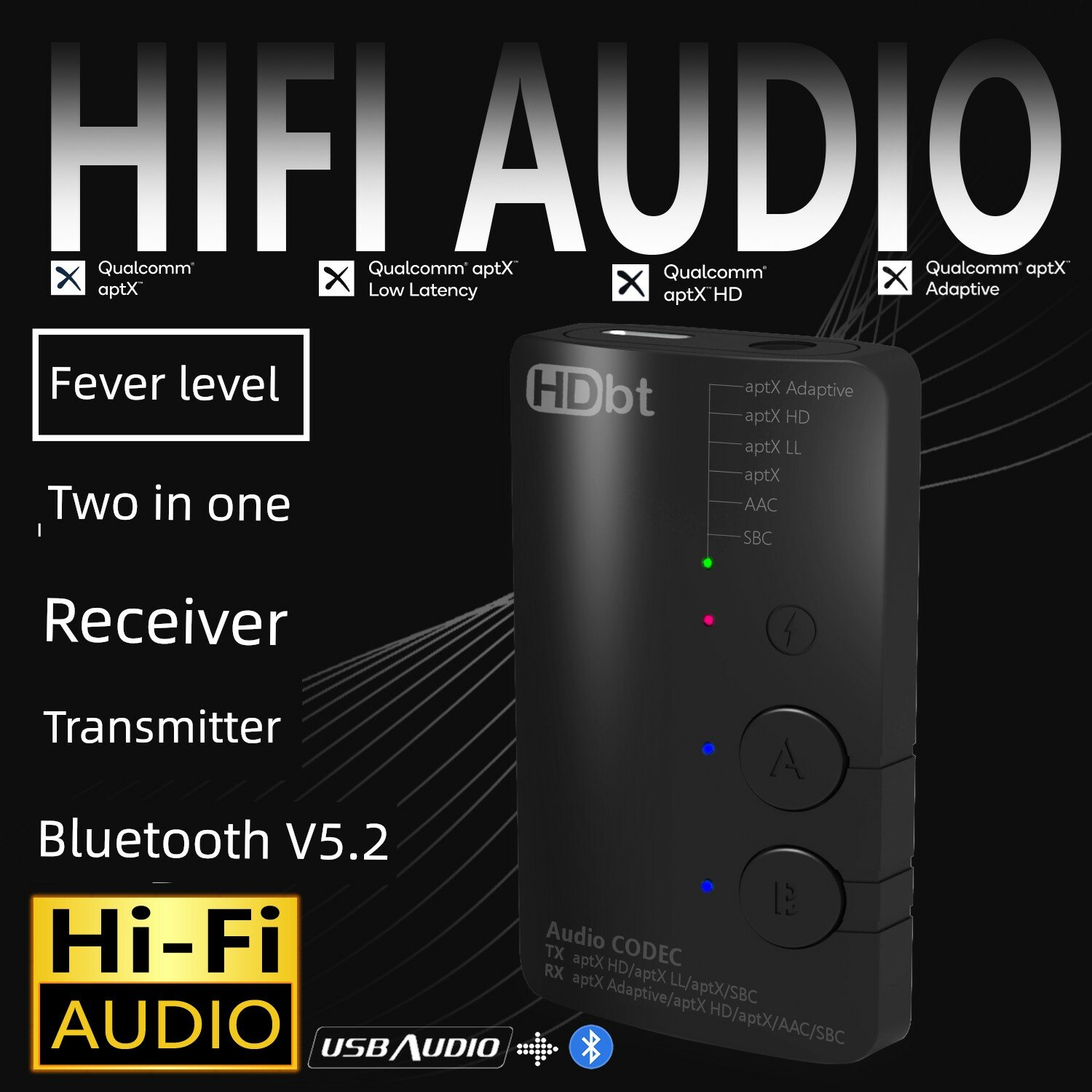 Bluetooth 5.2 Аудиоадаптер с технологией Adaptive APTXHD LL для высококачественного беспроводного воспроизведения B20G+