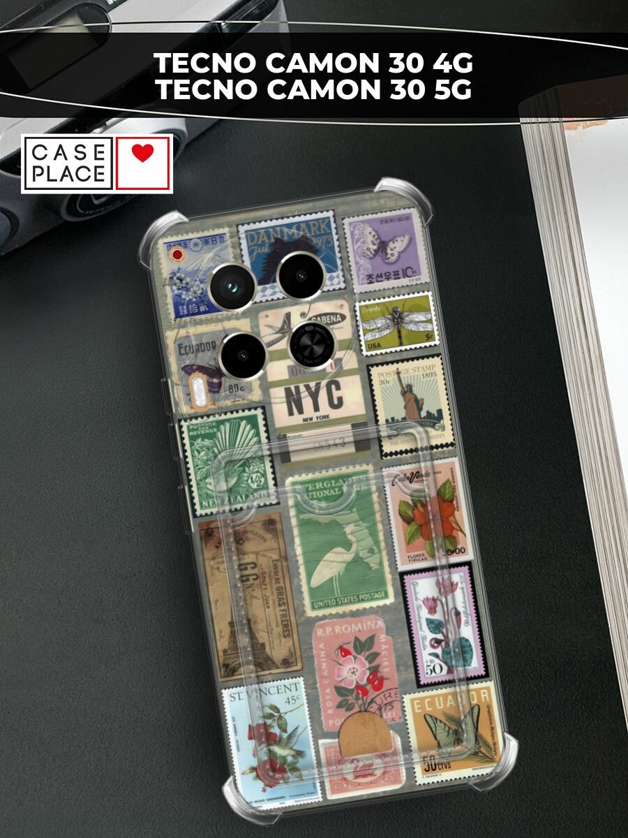 Чехол на Tecno Camon 30 4G/30 5G (Текно Камон 30 4G/30 5G) с картой и принтом Коллаж из марок