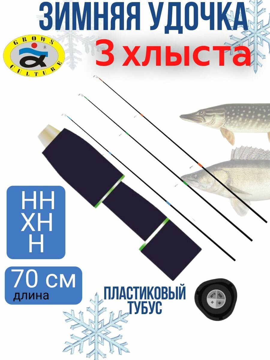 Зимнее удилище Gretta 70см, 3 хлыста (H/XH/HH), в пластиковом тубусе, удочка для блеснения