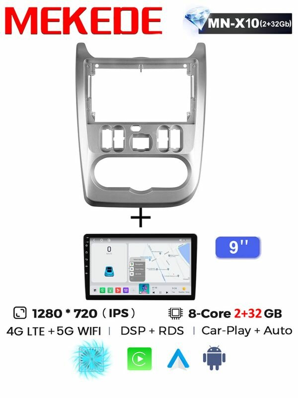 Магнитола 9" Mekede MN X10 Pro 2/32 Gb Renault Logan 1 Sandero 2009-2015 Lada Largus 2012-2020 Duster 200 carplay