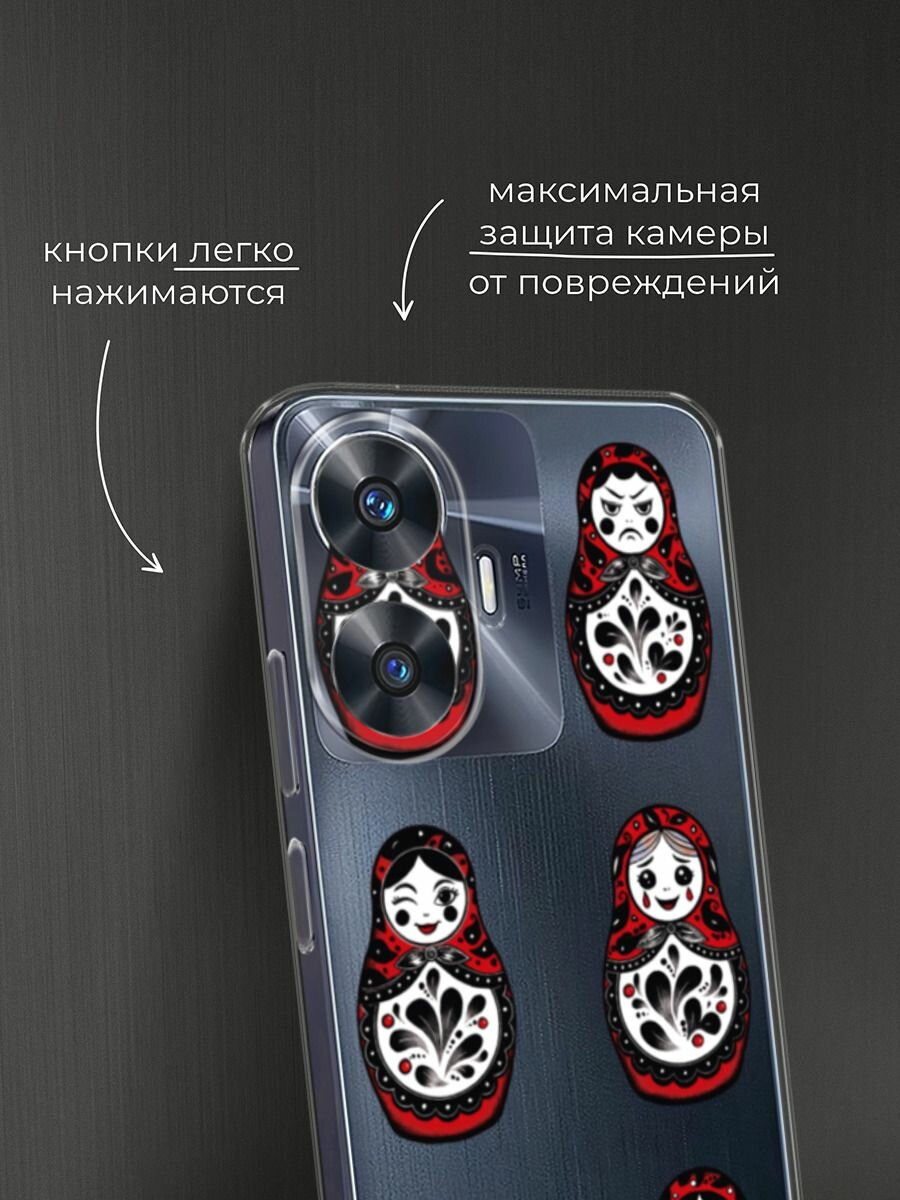 Чехол на Realme C55 / Реалми C55 с принтом Разные матрешки, прозрачный — фото 1