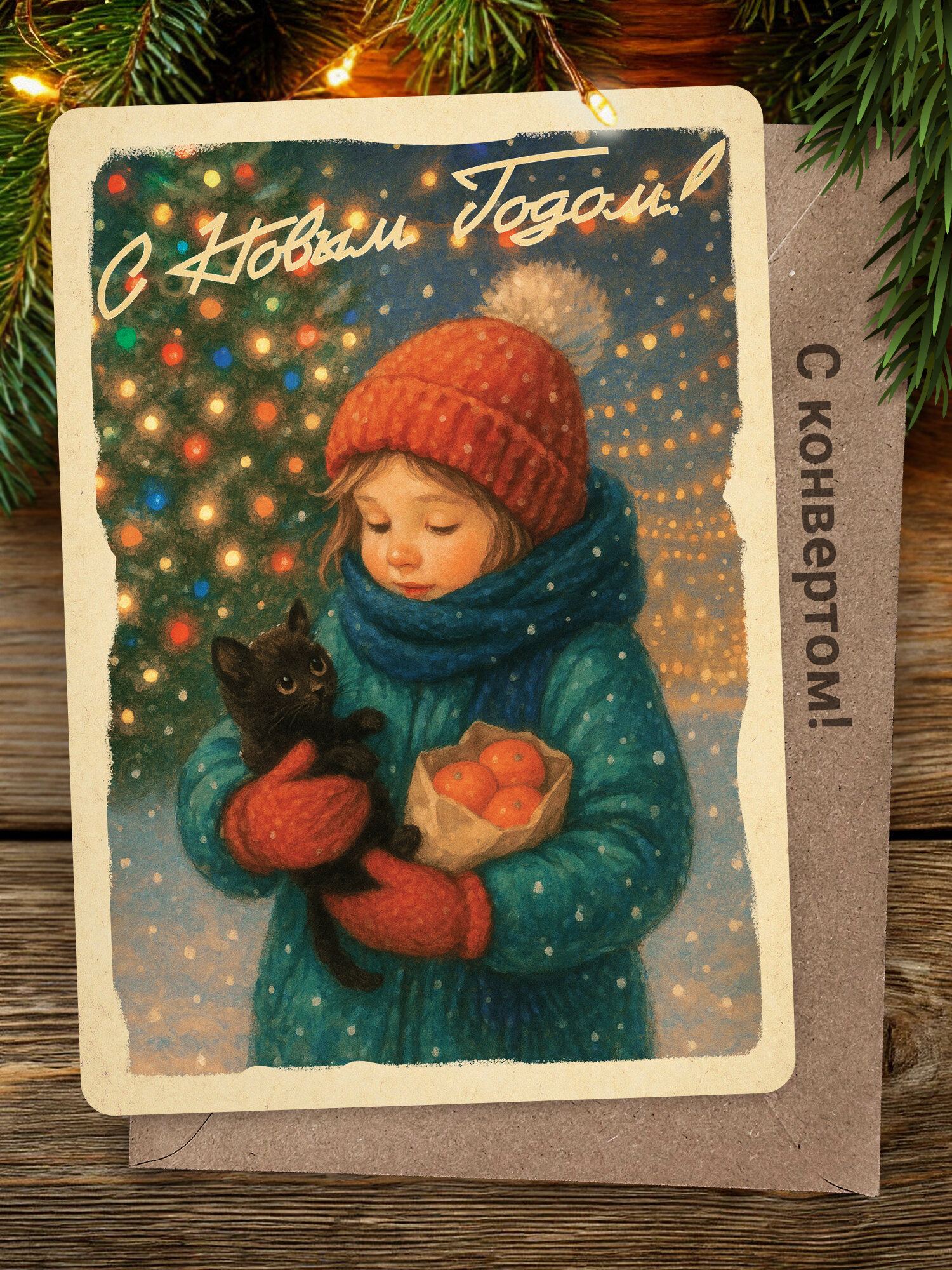 Авторская новогодняя открытка «Девочка с котёнком» • Добрая и трогательная • Конверт в комплекте