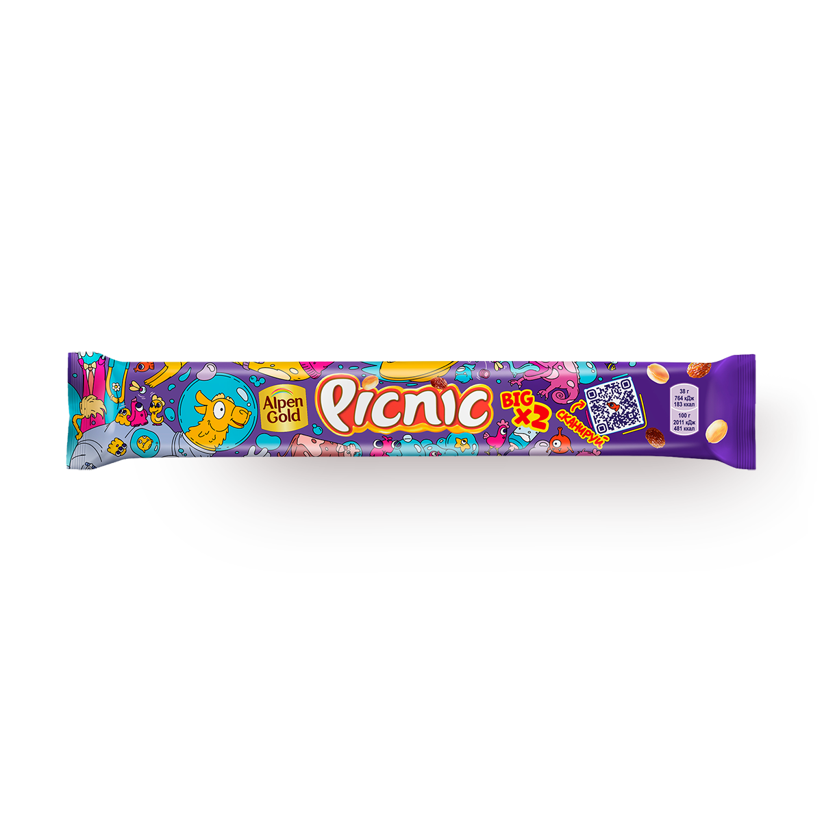 Батончик Picnic Big, молочный шоколад, с арахисом и изюмом, 76 г
