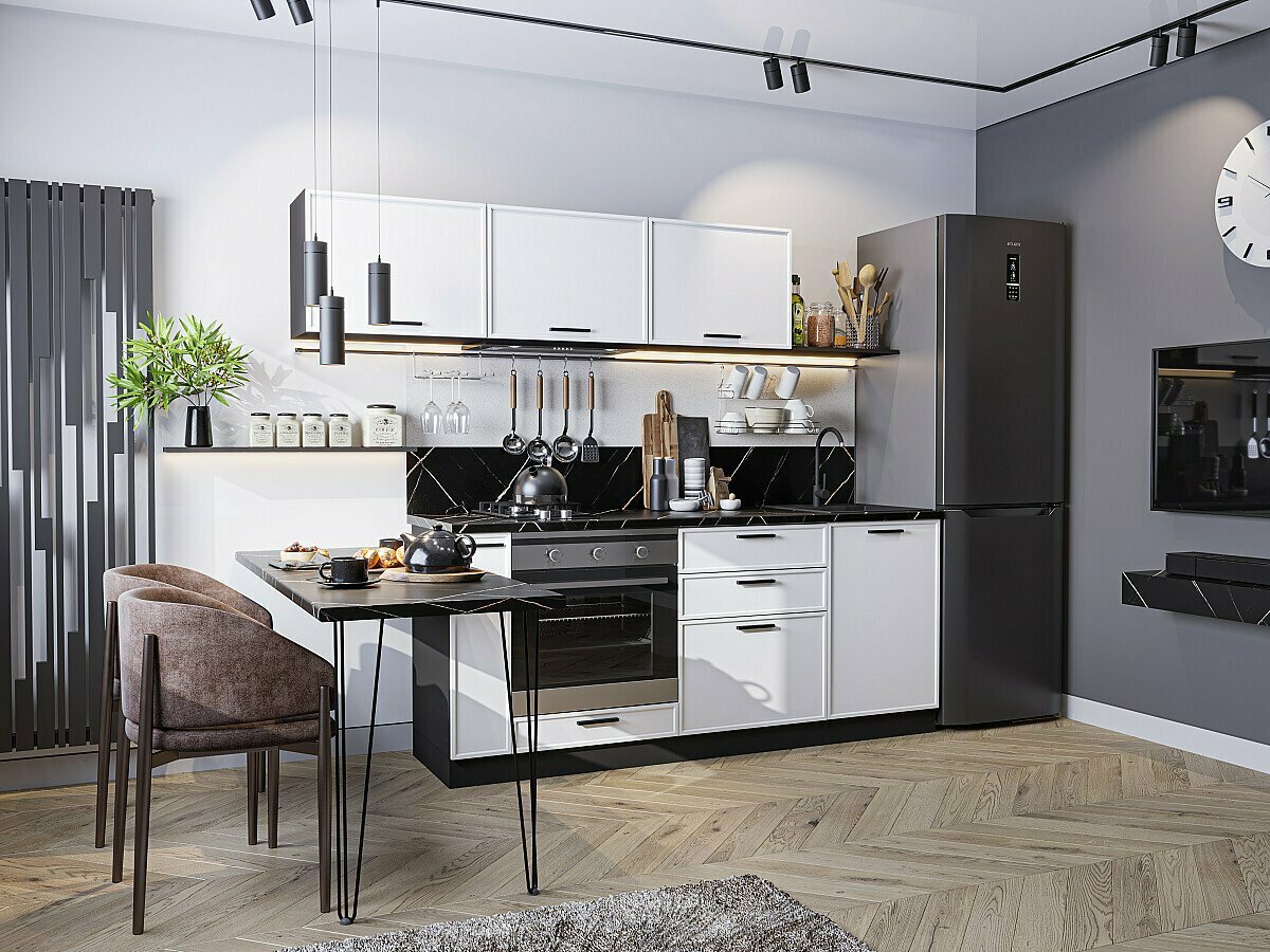Готовый кухонный гарнитур кухня 2,3 м. Фрейм-01 White Silk, Graphite со столешницей 230х178х60 см