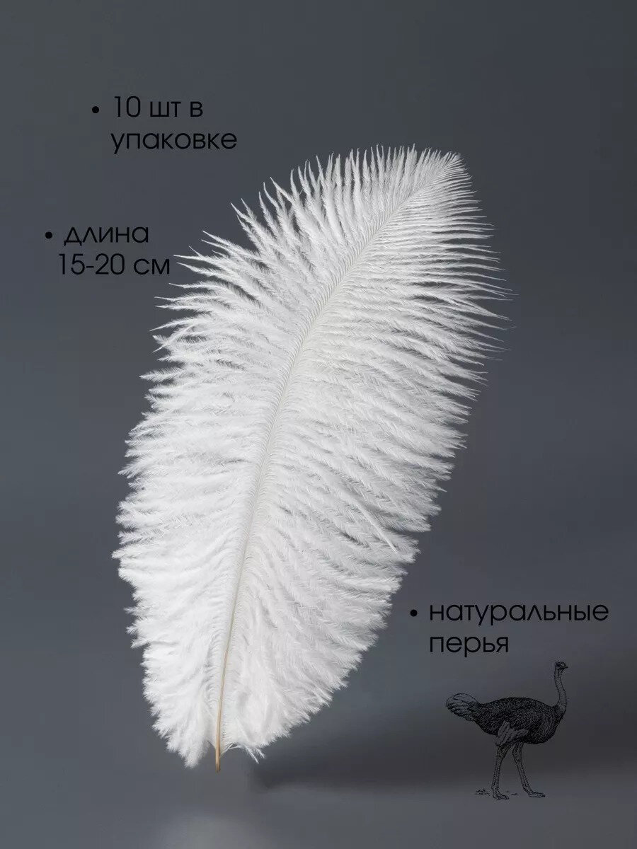 Натуральные перья страуса для творчества и декора, 10 штук 15-20 см, пышные декоративные перья для рукоделия, украшений и интерьера