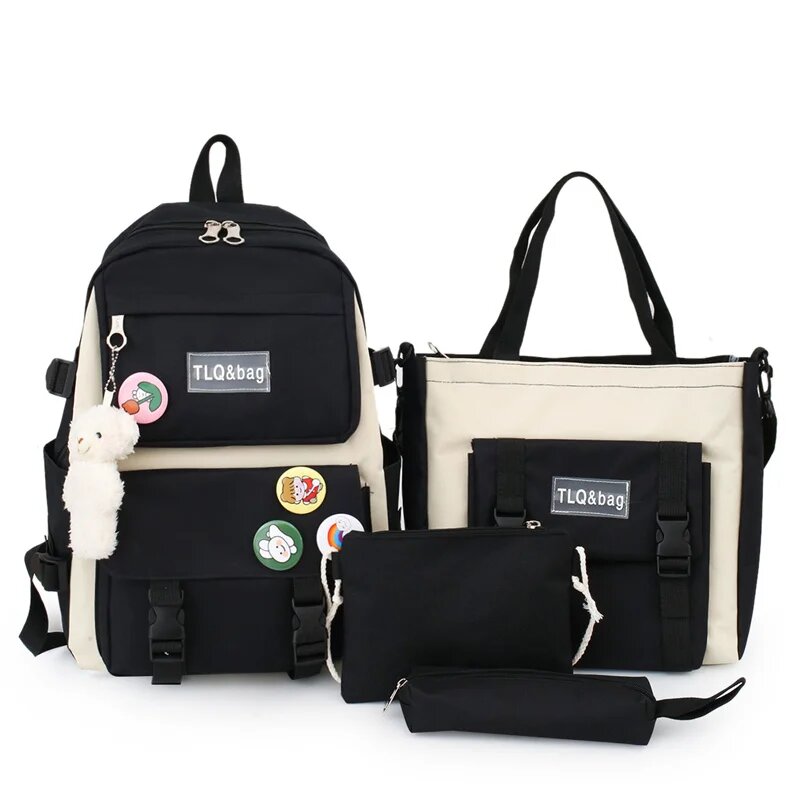 TRAVEASY 2025 женский школьный рюкзак, комплект из 4 предметов, модная нейлоновая сумка для книг, студентка-подростка, женские рюкзаки для ноутбука, кампус Черный, Black lady backpack