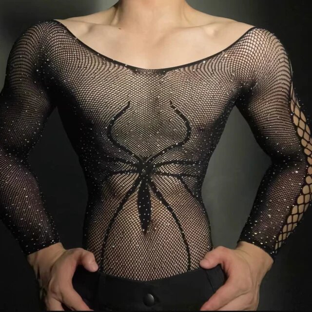 Мужской боди с паутиной, украшенный стразами, банный халат, хит продаж, с длинными рукавами, сетчатый, осенне-зимний костюм на Хэллоуин.