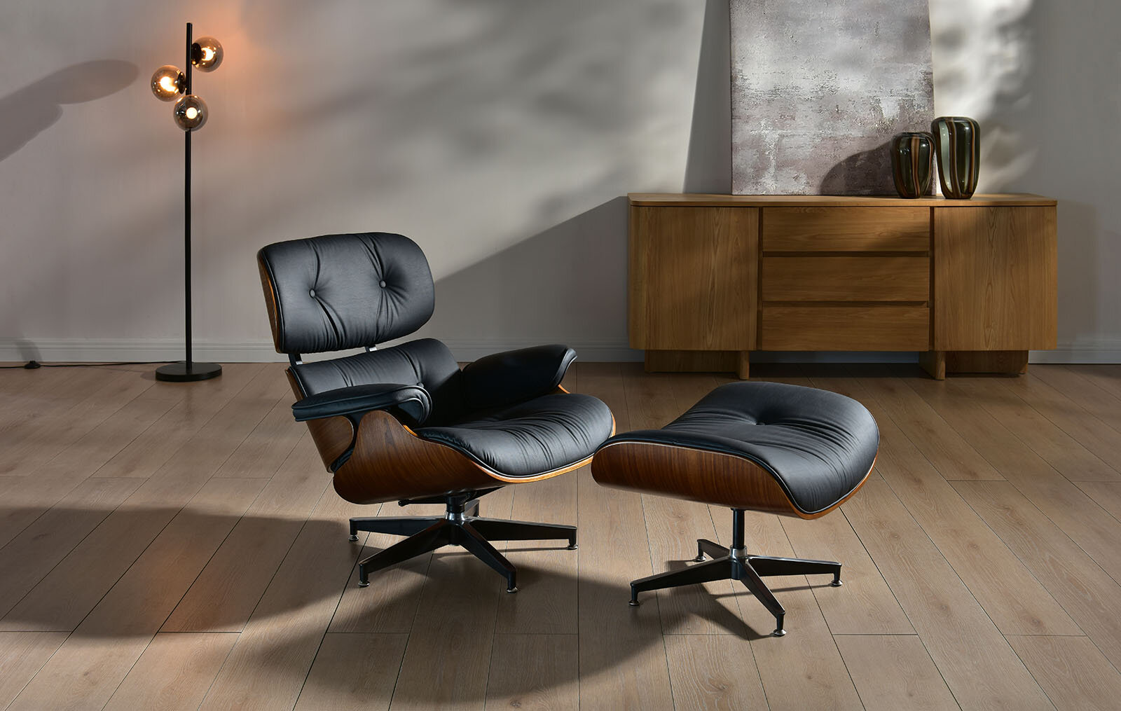 Комплект кресло и оттоманка Eames Lounge, черный/орех