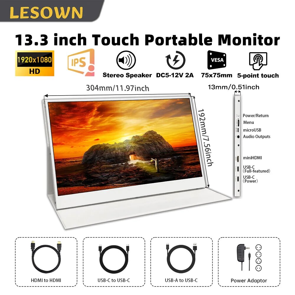 Портативный монитор LESOWN 13,3 дюйма Full HD 1080P Touch, Европейская вилка (EU Plug)