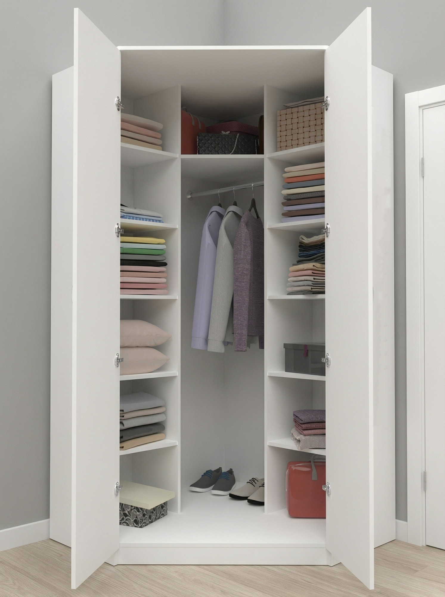 Шкаф угловой распашной Анри-6 с 13 полками и штангой для вешалок, белый