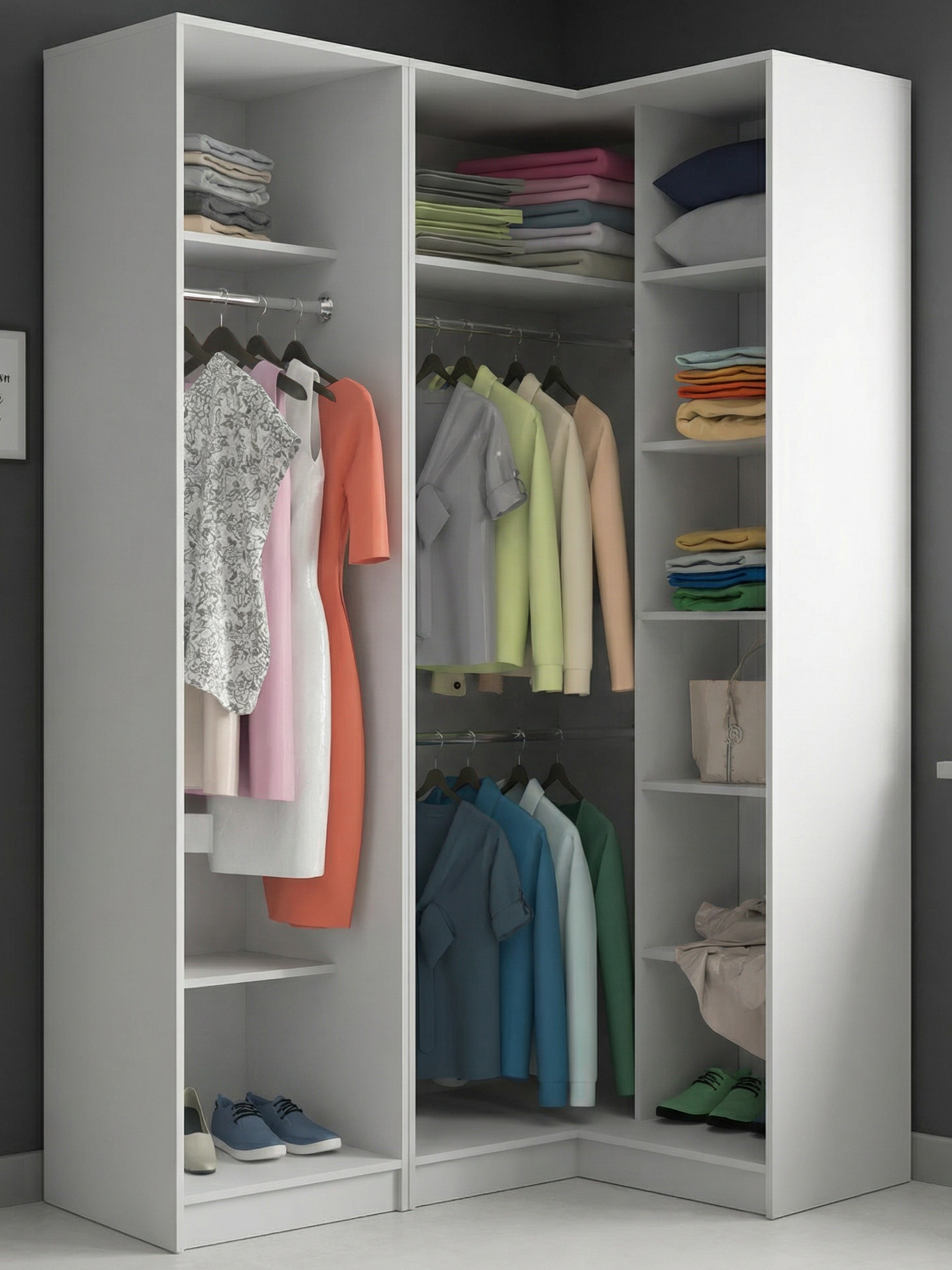 Открытый гардеробный угловой шкаф Макс-12 с 3 штангами для вешалок и 10 полками, ШхГхВ: 160х100х210 см, белый