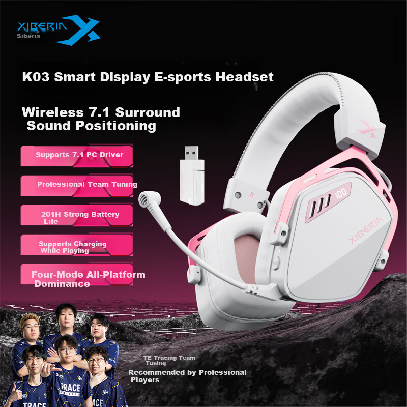XIBERIA K03S Wireless 7.1 Version 2.4G Bluetooth Gaming Headset Over-Ear Mobile Low Latency E-sports Special Smart Display Computer Headset Aurora Pink