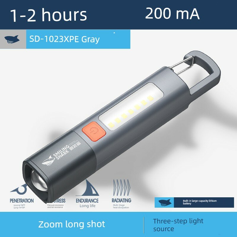 Мини-фонарик Smiling Shark с ярким светом, зумом, ультраяркий, с функцией прожектора и бокового освещения,