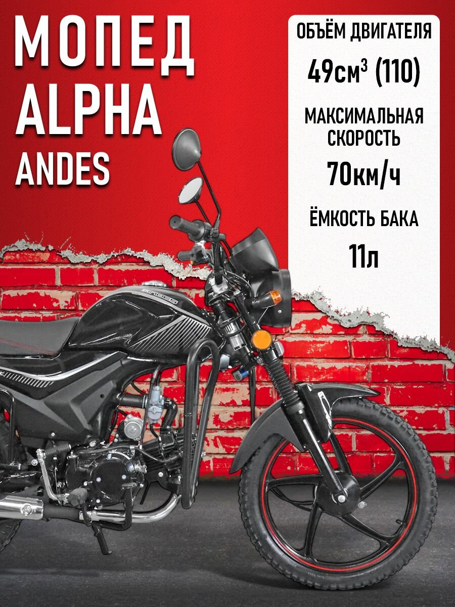 Мопед Alpha ANDES (Тюнинг) (защита ног, подставка для ног, багажник, литые диски)черный глянцевый