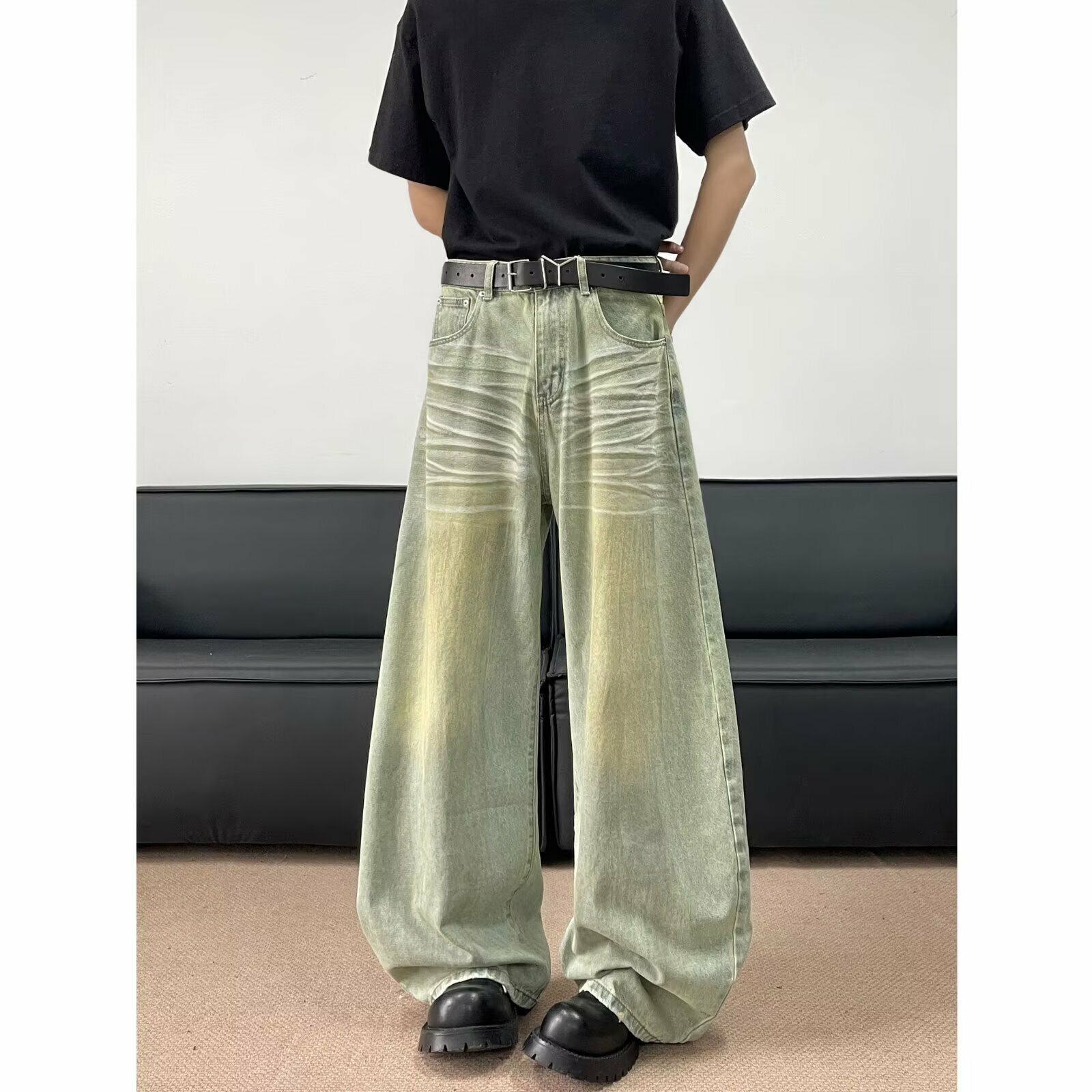 MON Джинсы Мужские Грязноокрашенные Кроп Весенние Уличные Широкие Деним, Размер_L